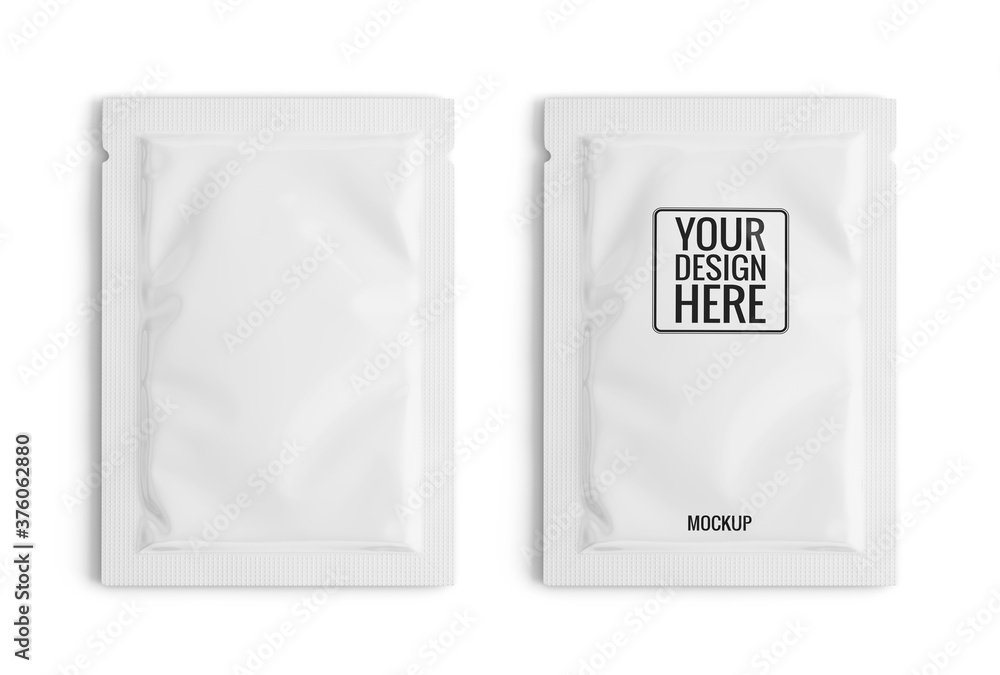 Blank white sachet packet isolated on white. Small pack sachet mockup ...