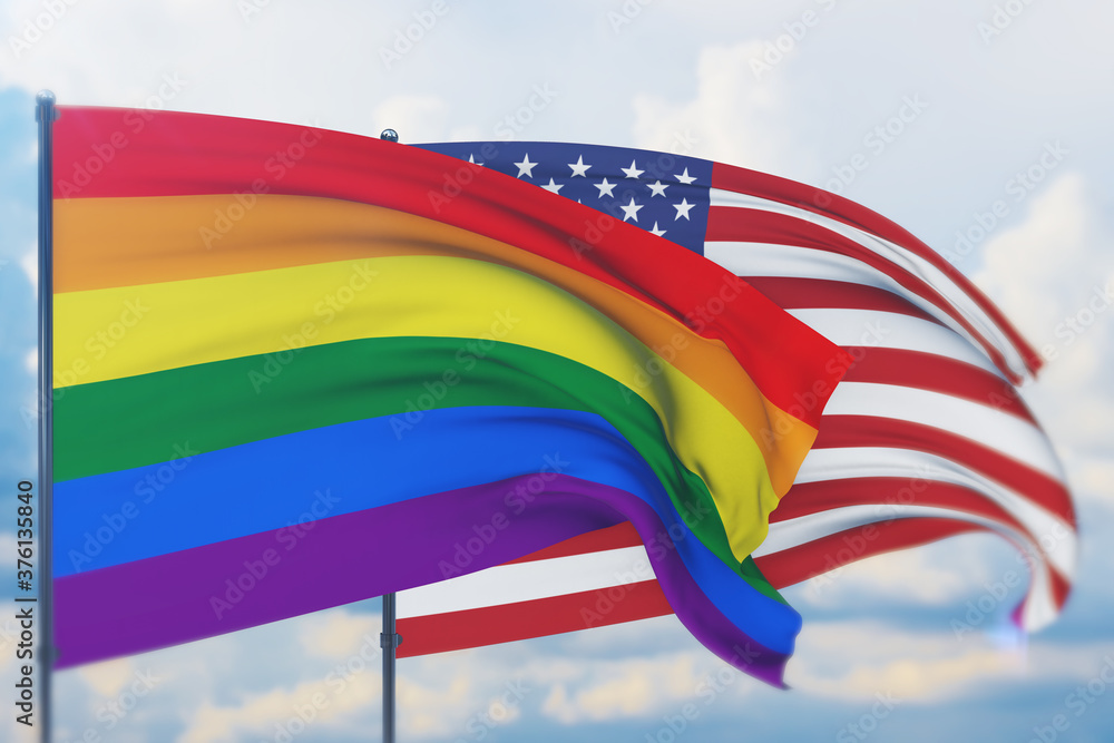 Concept 3D illustration. American and rainbow flag, LGBT pride flag or ...