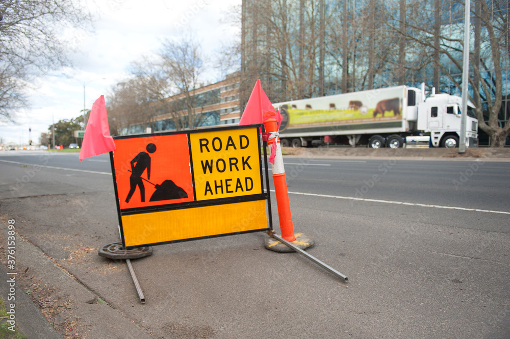 Road sign Road work ahead. Australia, Melbourne. Warning sign. Stock ...
