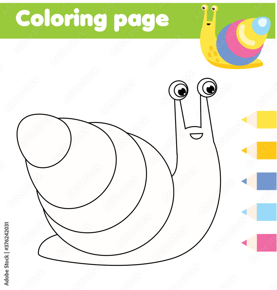 Coloring page with cartoon snail. Drawing kids activity. Printable fun ...