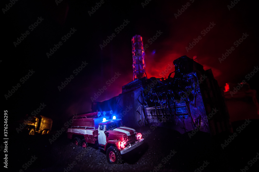 Chernobyl nuclear power plant at night. Layout of Chernobyl station ...