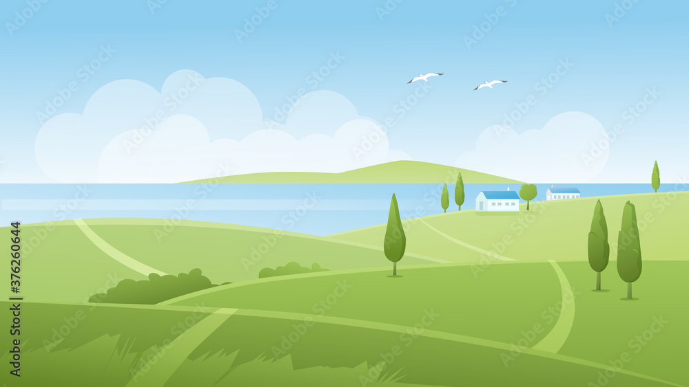 Summer river landscape vector illustration. Cartoon flat panoramic ...