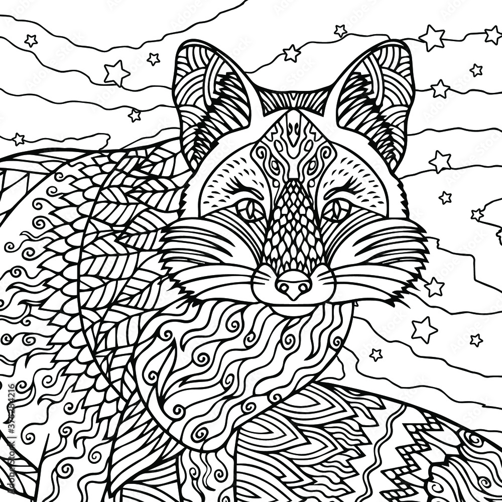 Fox portrait hand drawn illustration. Coloring book page for adult ...