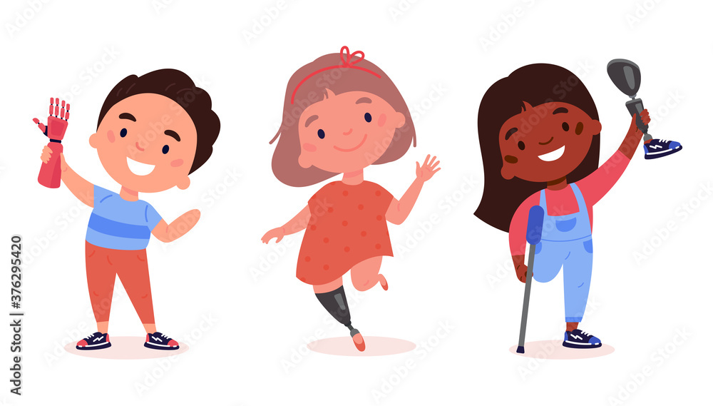 Disabled children presents a prosthesis.Multicultural group of kids ...