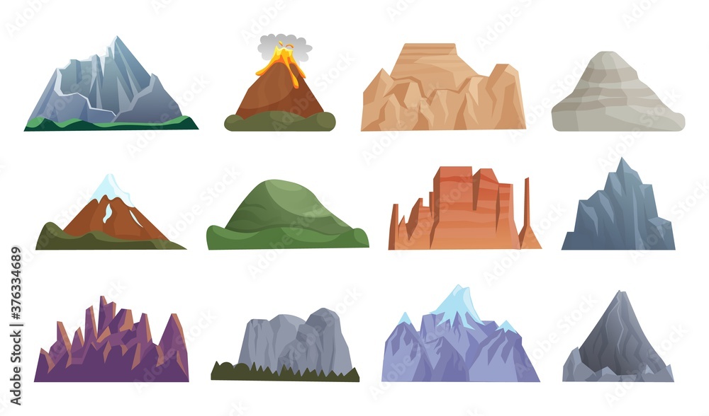 Cartoon mountain icon. Hill top, mountain peak, erupting volcano ...