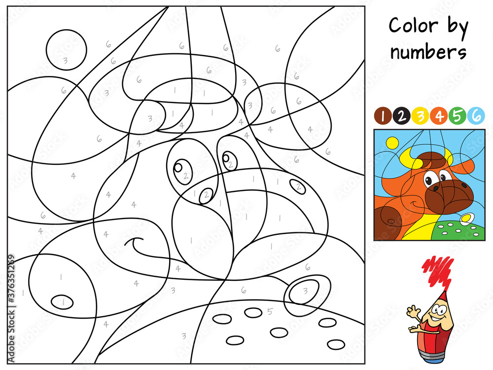 Funny cow. Color by numbers. Coloring book. Educational puzzle game for ...