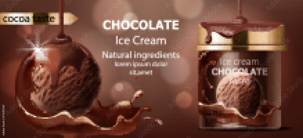 Realistic box and a ball of chocolate ice cream. Brown liquid pouring ...