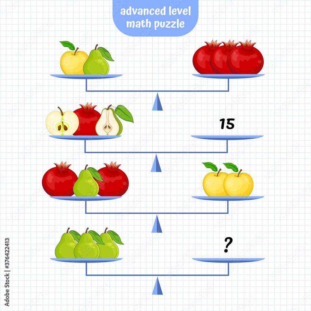 Math, Logic Puzzle Educational Game. System of equations. Scales ...
