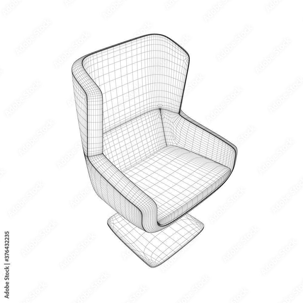 Wireframe of a comfortable chair from black lines isolated on white background. Isometric view ...