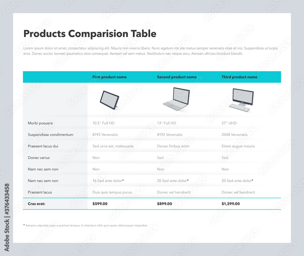 Three products comparison table layout with place for description. Flat ...