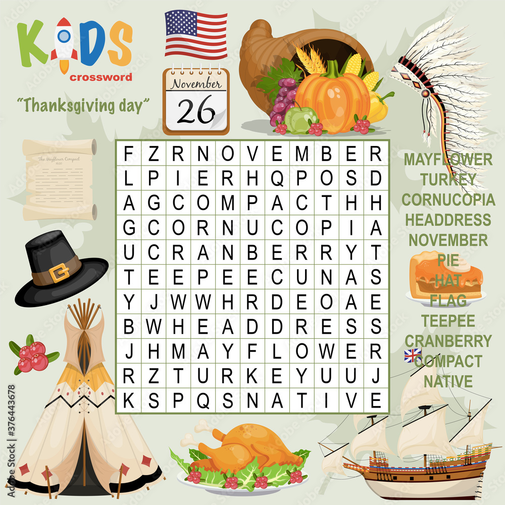 Easy word search crossword puzzle "Thanksgiving day", for children in ...
