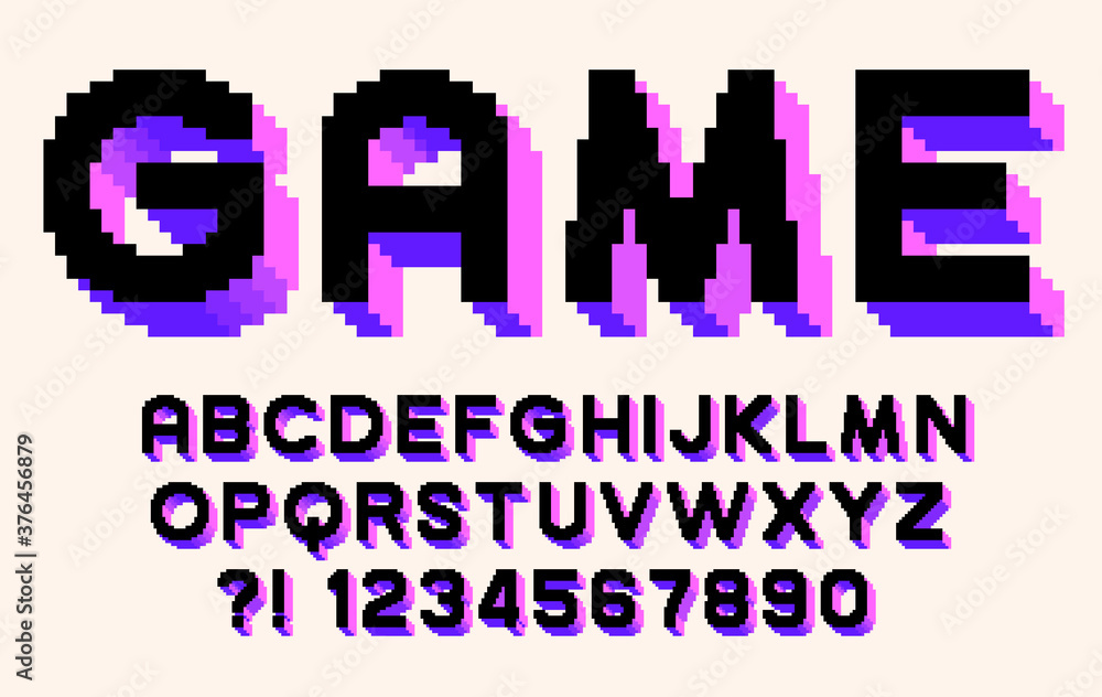 Vector de Stock Pixel 3d retro font Video computer game design 8 bit letters and numbers Vector ...