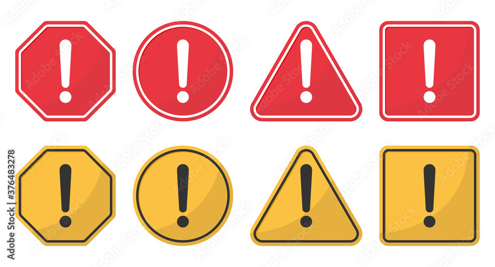 Hazard attention sign set. Collection yellow and red of signs with with ...