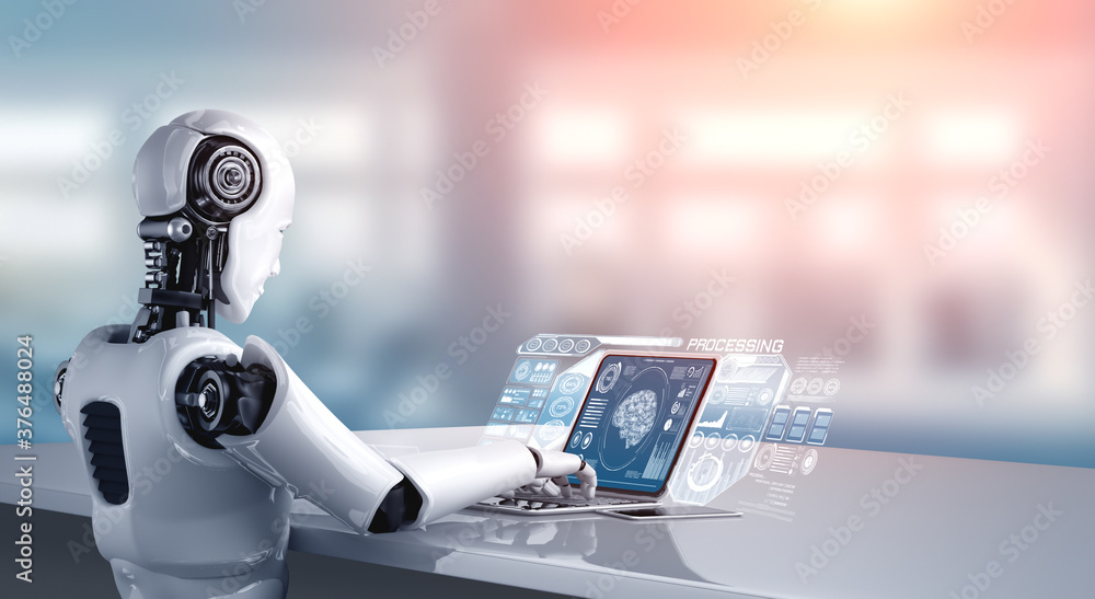 Robot humanoid use laptop and sit at table for big data analytic using AI thinking brain ...