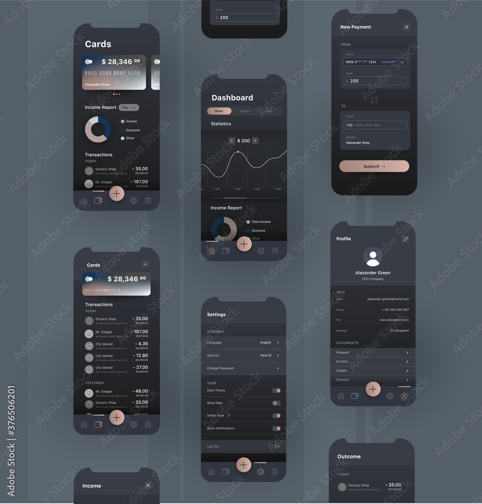 User interface design for e wallet or online banking application, modern dark layout with charts ...