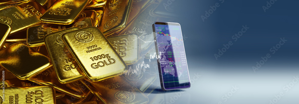 banner of shiny gold bars on financial gold price graph 3d illustration ...