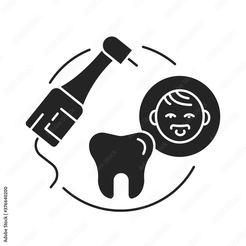 Pediatric dentistry black glyph icon. Check and treatment teeth in ...