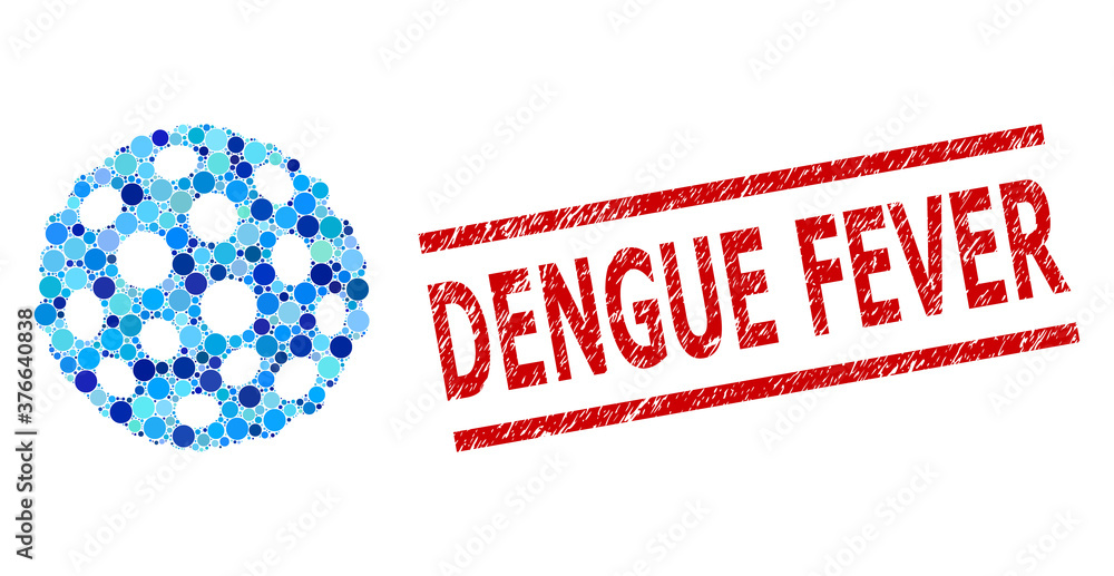 Round dot mosaic bacterium spore and DENGUE FEVER scratched stamp ...