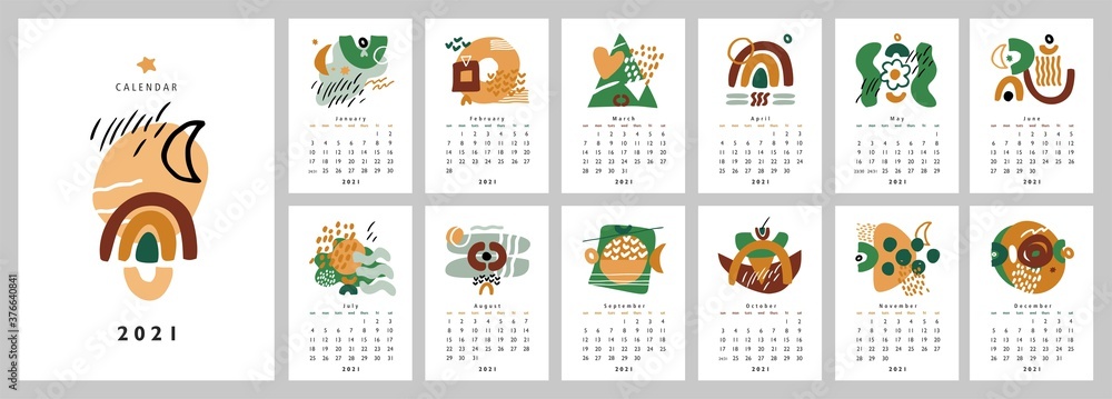 Wall vertical calendar for 2021, the week starts on Sunday. Template A4 ...