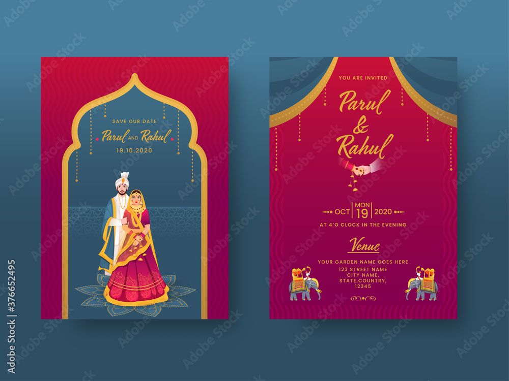 Indian Wedding Invitation Card Design with Couple Character and Venue ...