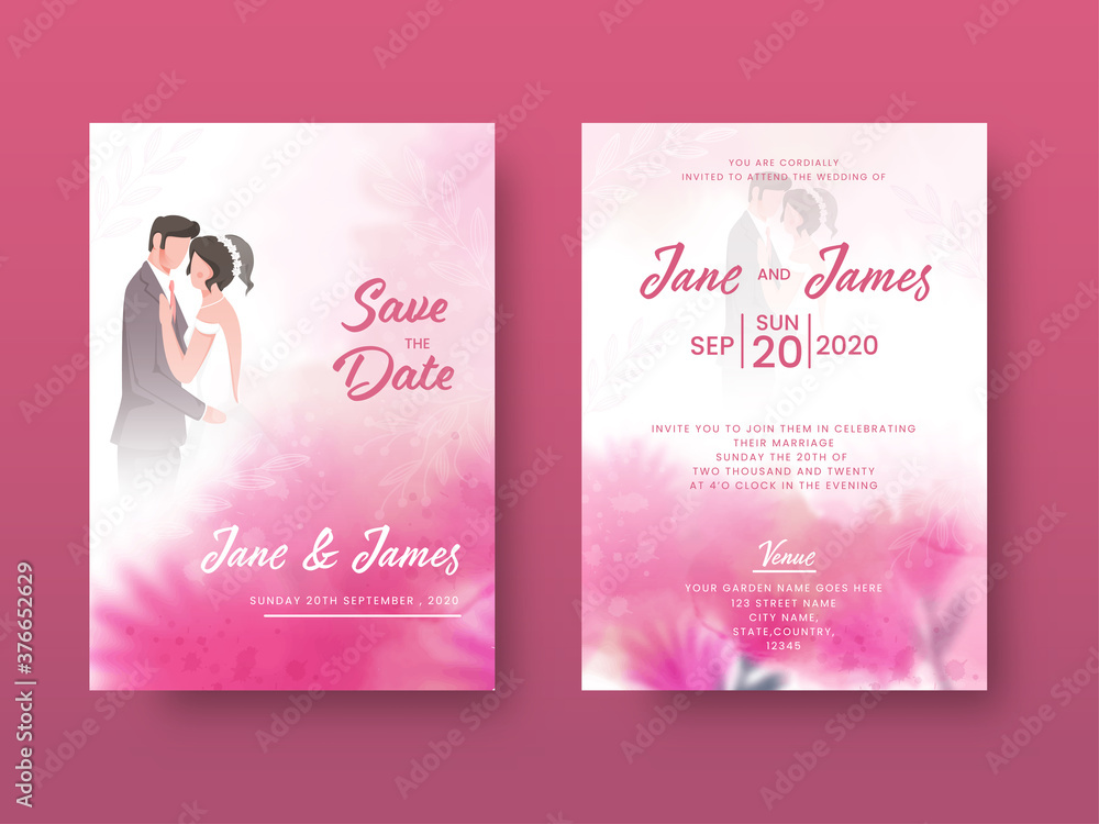 Beautiful Wedding Invitation Cards with Pink Watercolor Floral Blurred ...