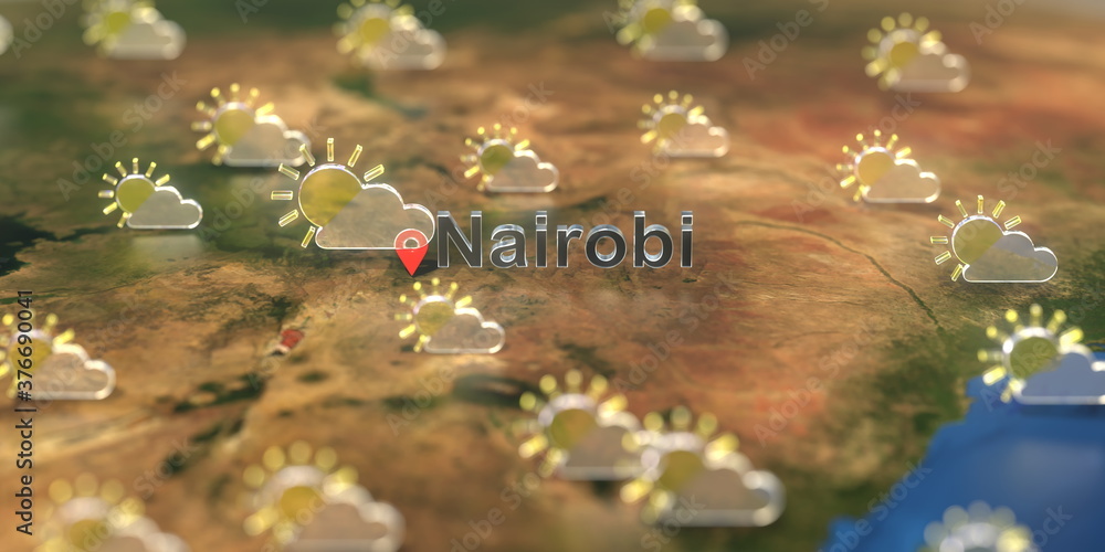 Partly cloudy weather icons near Nairobi city on the map, weather ...