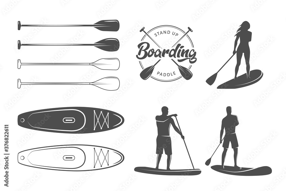 SUP boarding design elements. Stand up paddling stickers and badges ...