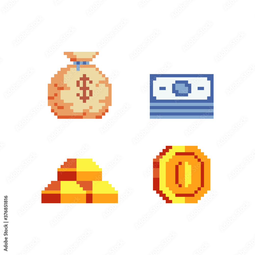 เวกเตอร์ Stock Money bag symbol, banknotes, gold bar and coin with ...