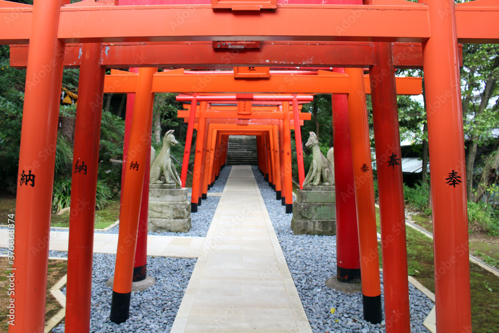 Line of orange torii gates at inari jinja of at Suwa Shrine in Nagasaki ...