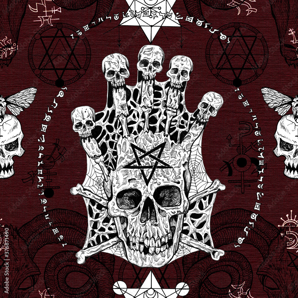 Ilustración de Stock Seamless pattern with evil skull and pentagram on ...