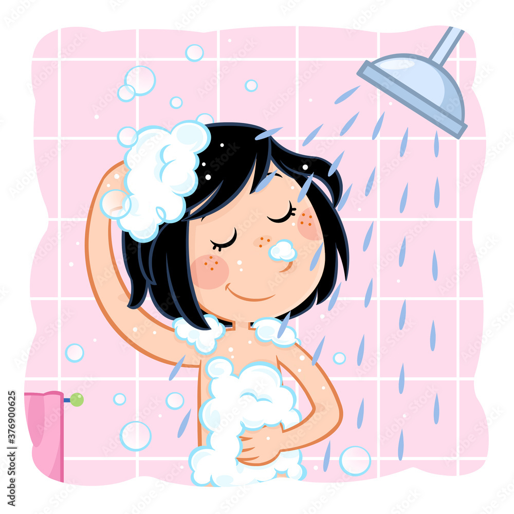 Kids and hygiene - Cute little girl with dark hair taking a shower ...