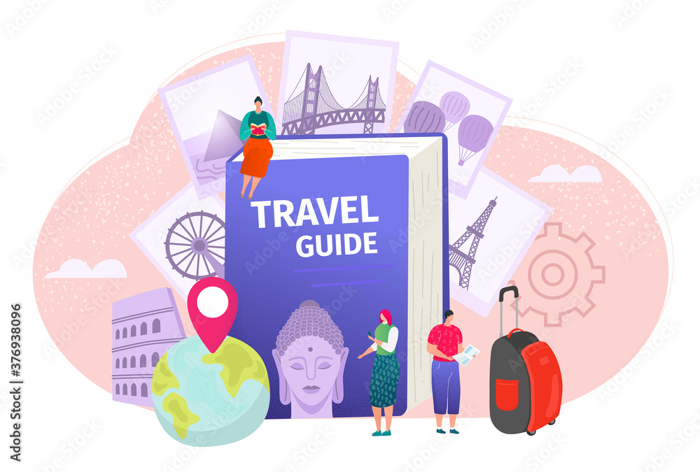 Travel guide book vector illustration. World map, travelers, luggage ...