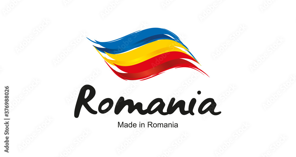 Made in Romania handwritten flag ribbon typography lettering logo label ...