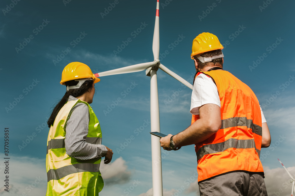 Windmill engineers inspection and progress check wind turbine Stock ...