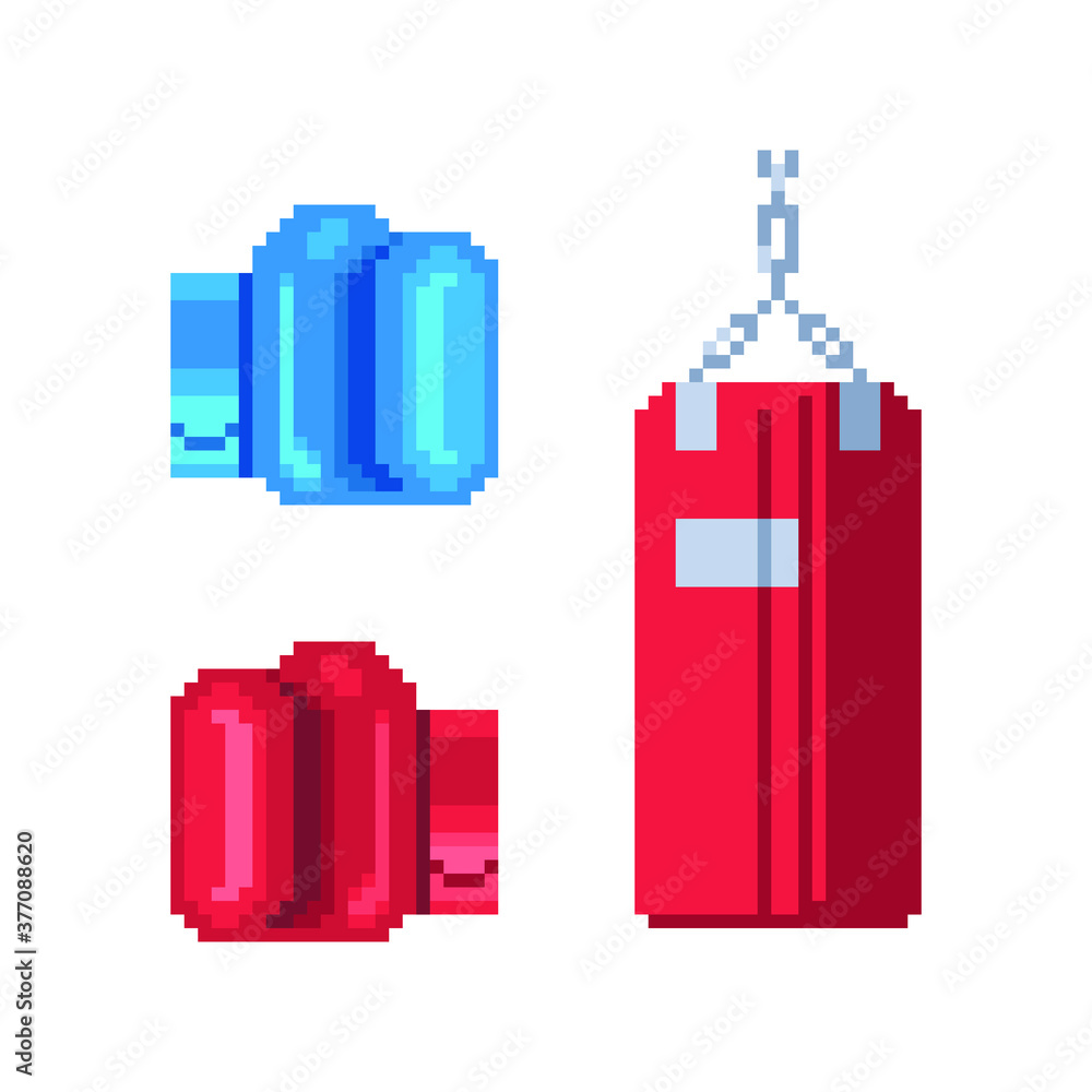 Red boxing glove and punching bag. Pixel art style icons. 8-bit sprite ...