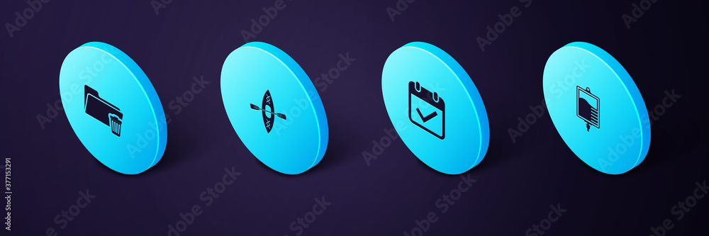 Set Isometric IV bag, Calendar with check mark, Kayak and paddle and Delete folder icon. Vector ...