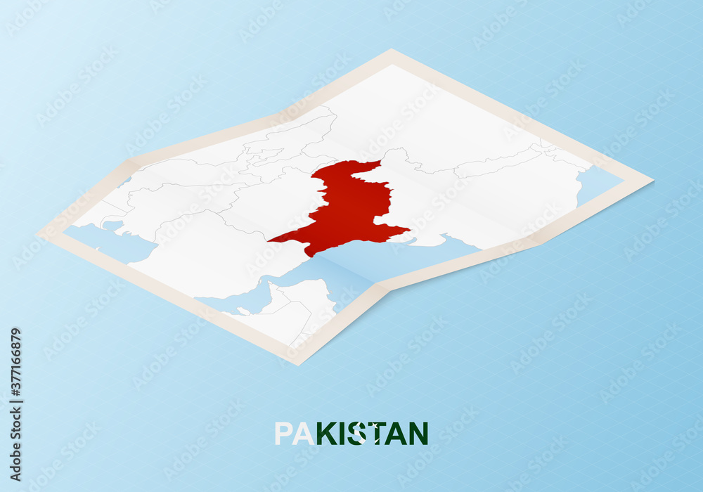 Folded paper map of Pakistan with neighboring countries in isometric ...
