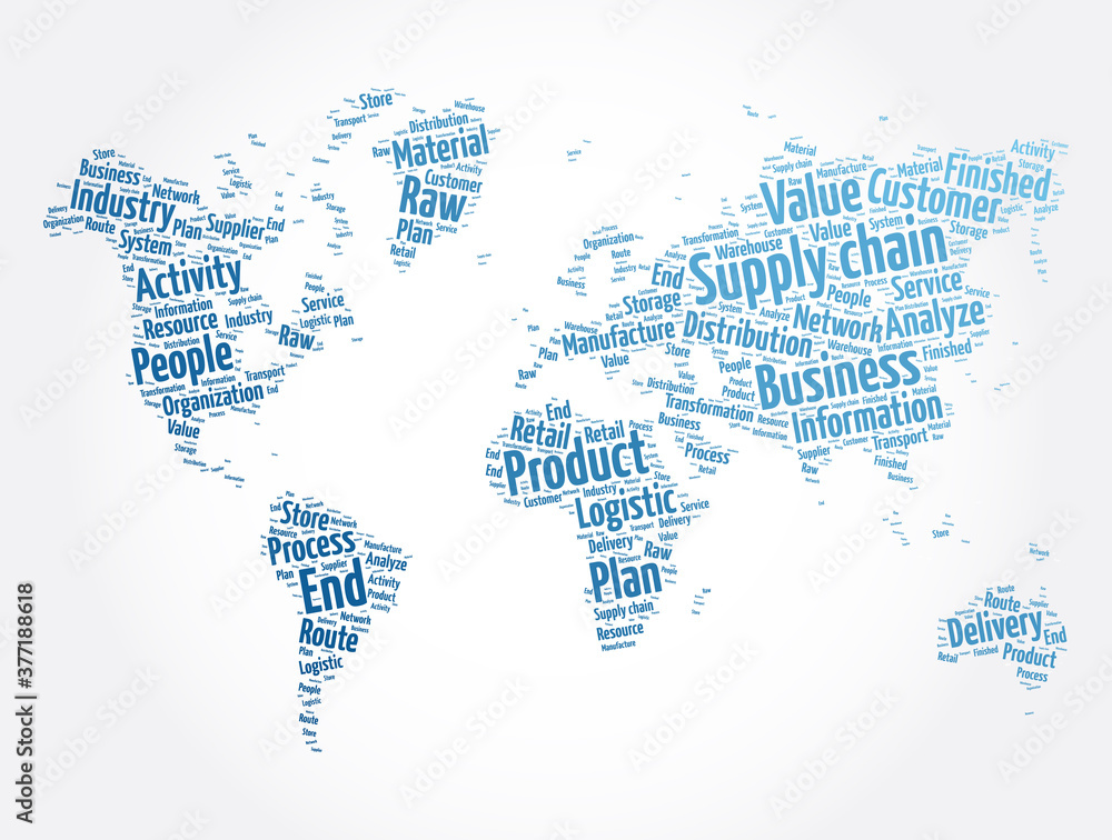 Supply chain word cloud in shape of world map, business concept ...