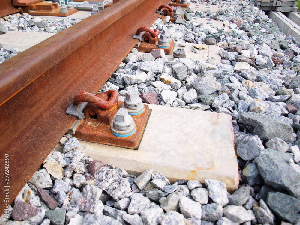 Close up Rail e-clip. Rail Fastener for attaching the metal rail to the ...
