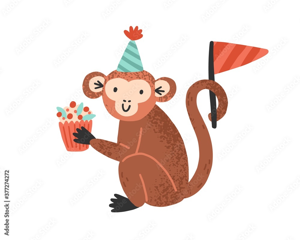 Funny monkey in cone hat holding festive cupcake vector flat ...