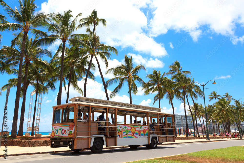 Hawaii, Honolulu, U.S.A. - Waikiki Trolly: Waikiki Trolly bus is a ...
