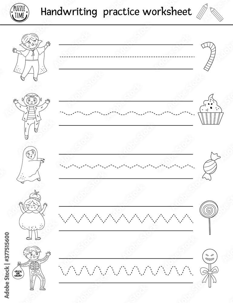 Vector Halloween handwriting practice worksheet. Printable black and ...