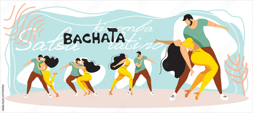 set of vector pictures with dancers. people dance bachata, latin dances. sexy couple dancing ...