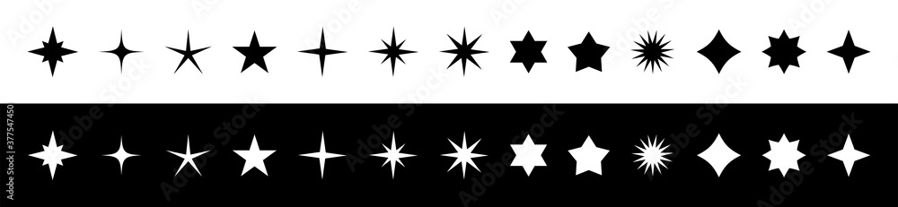 Set of vector stars. Collection of black and white shining stars ...