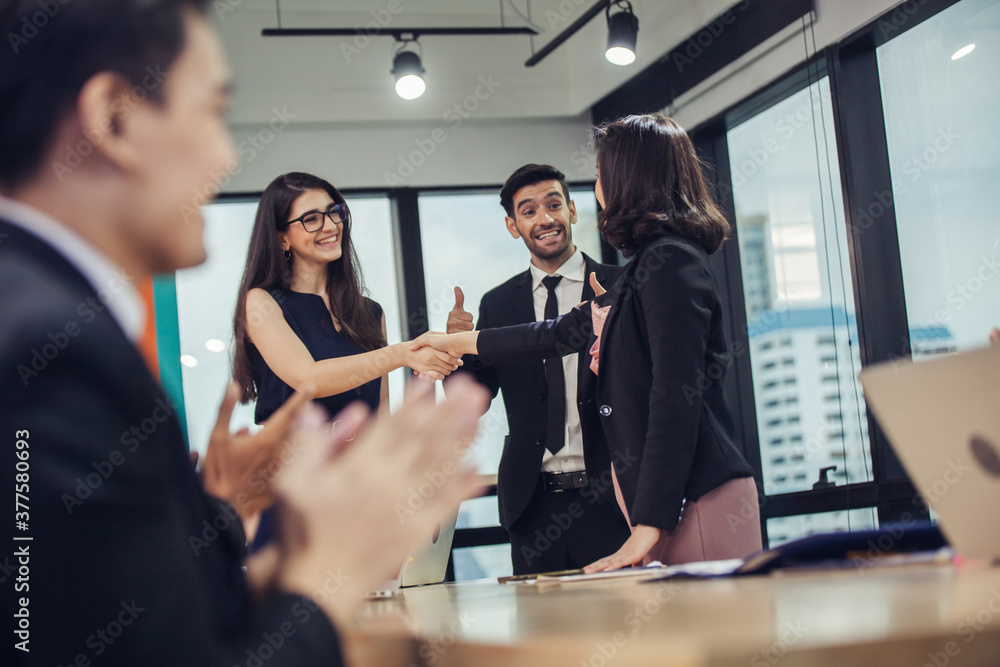 Successful Business Team Congratulating Colleague. Group of Young Happy ...