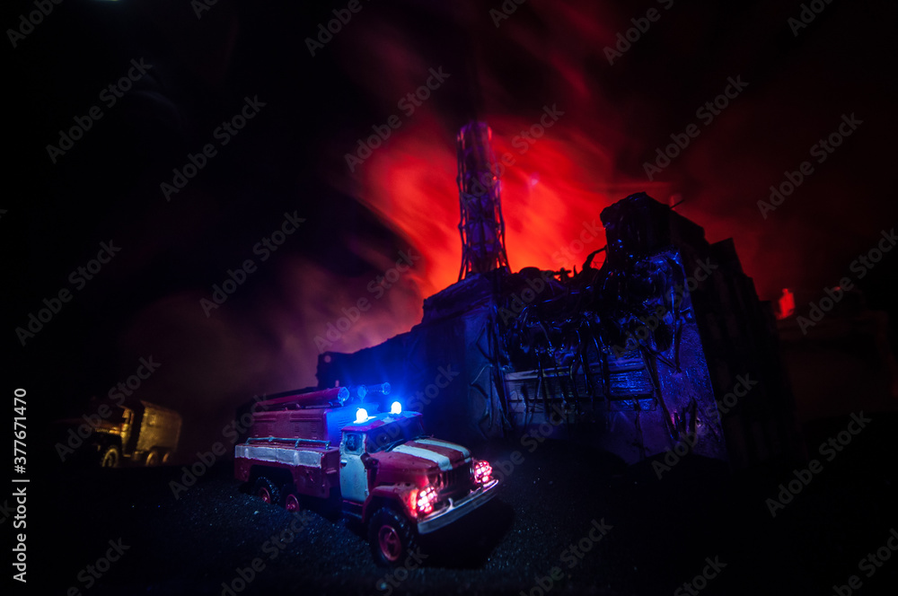 Chernobyl nuclear power plant at night. Layout of Chernobyl station ...