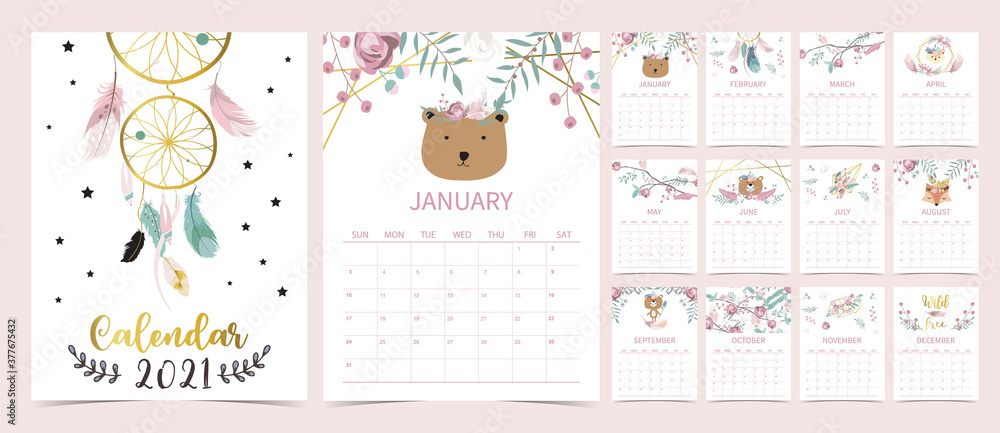 Cute boho calendar 2021 with bear, dreamcatcher, feather for children ...
