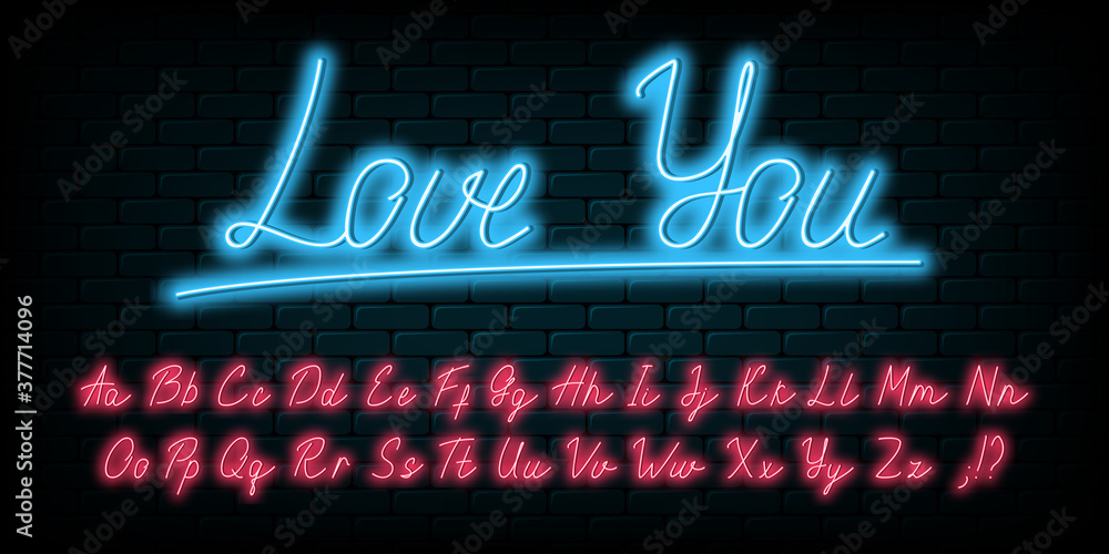 Glowing neon handwritten script font. English neon alphabet with ...
