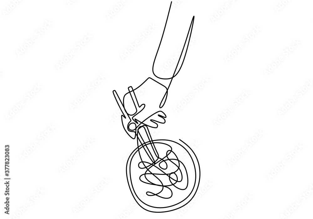 Continuous one single line drawing of a hand is clamping the noodle or ...