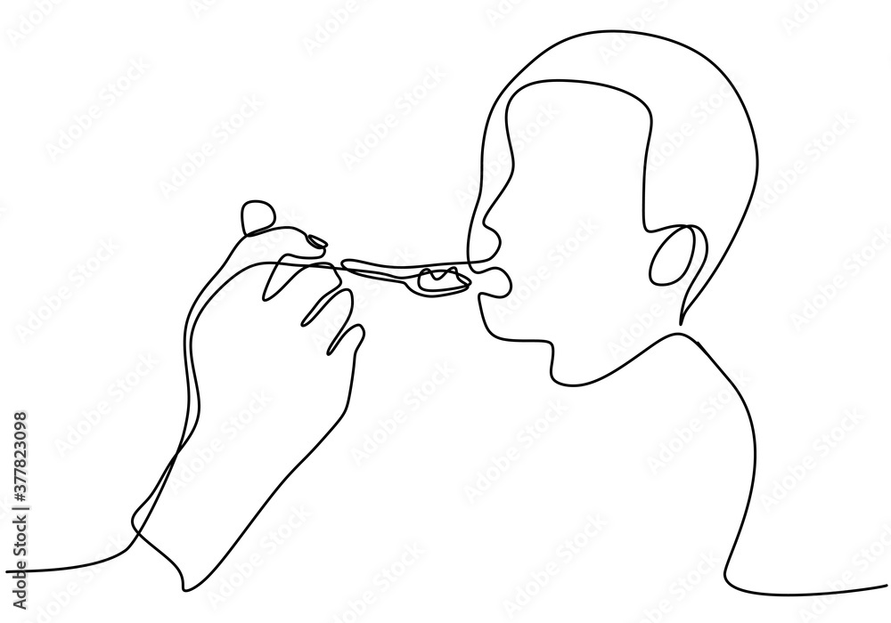 Continuous line drawing of boy is eating. Happy little boy sit at the ...